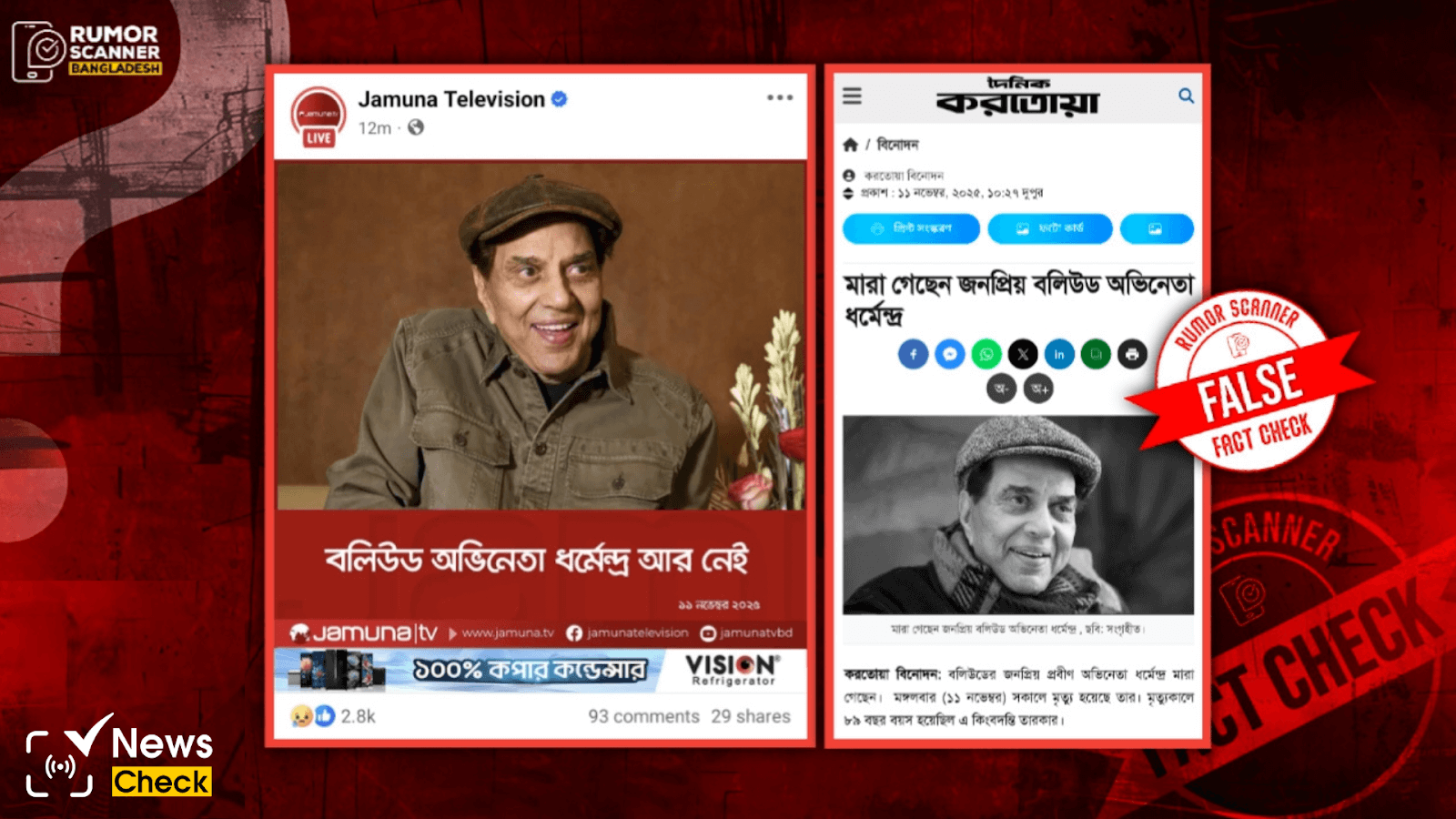 Fake News of Bollywood Actor Dharmendra Singh's Death in the Media